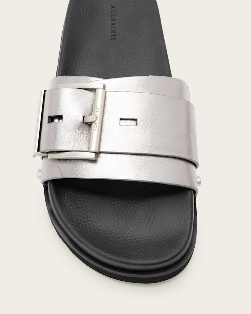 Ellie Studded Buckle Leather Sliders Gunmetal Grey | ALLSAINTS